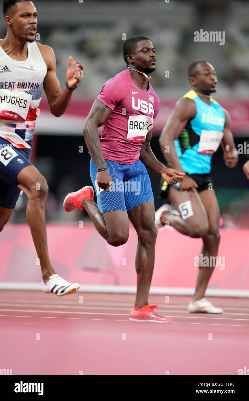 Trayvon Bromell running the 100 meters at the 2020 Tokyo Olympics Stock ...