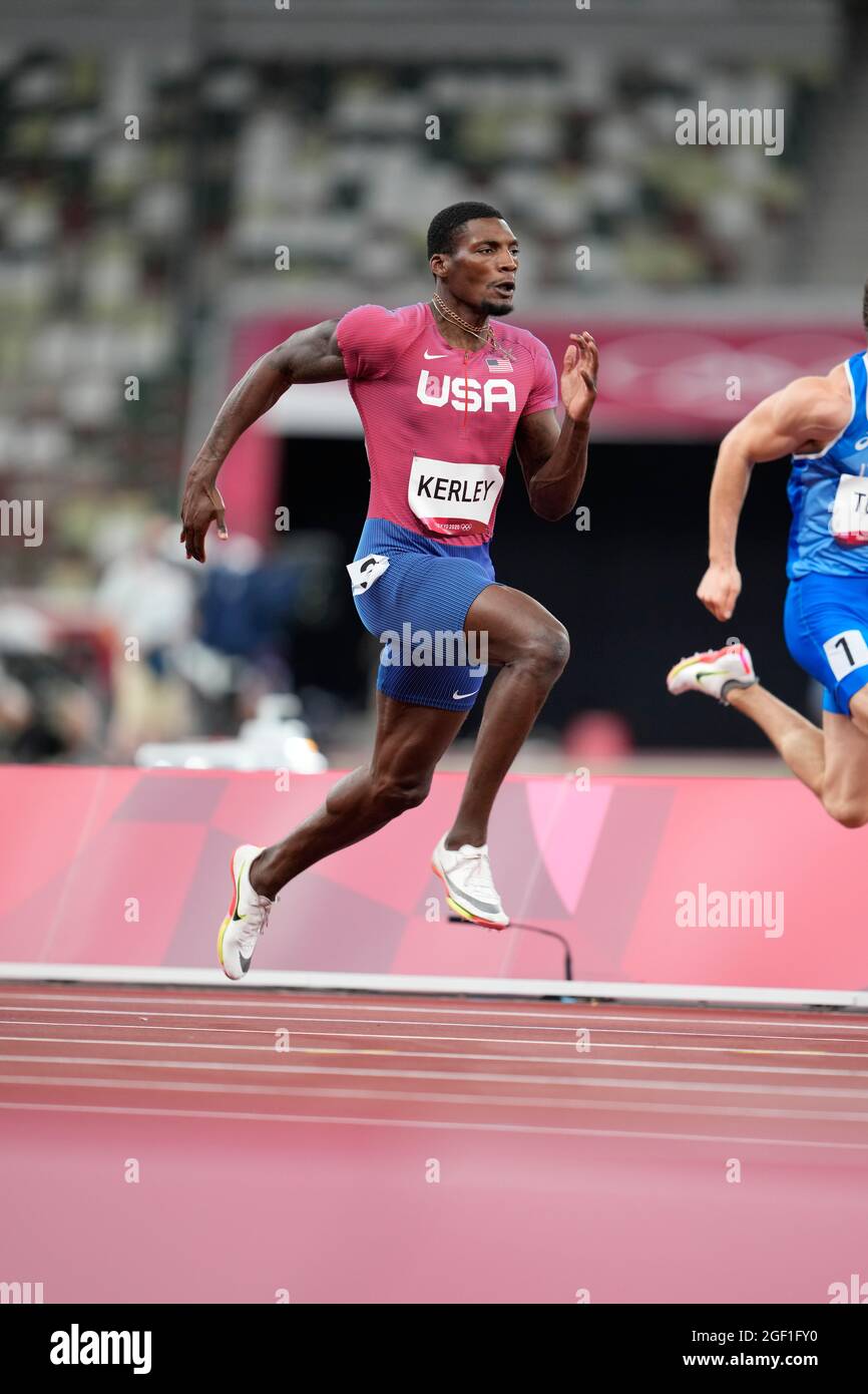 Fred Kerley running the 100 meters at the 2020 Tokyo Olympics Stock ...