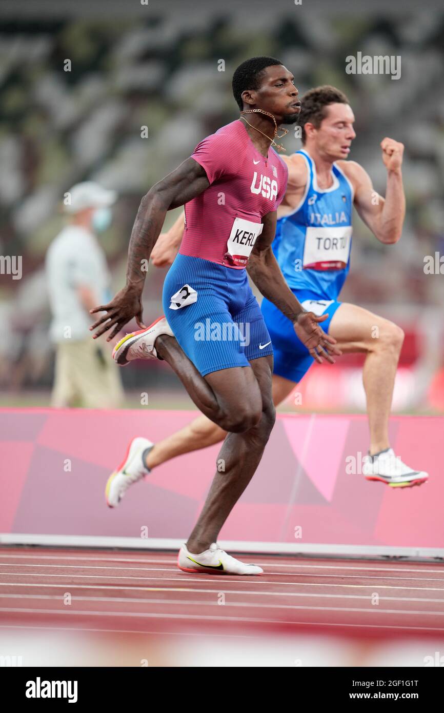 Fred Kerley running the 100 meters at the 2020 Tokyo Olympics Stock ...