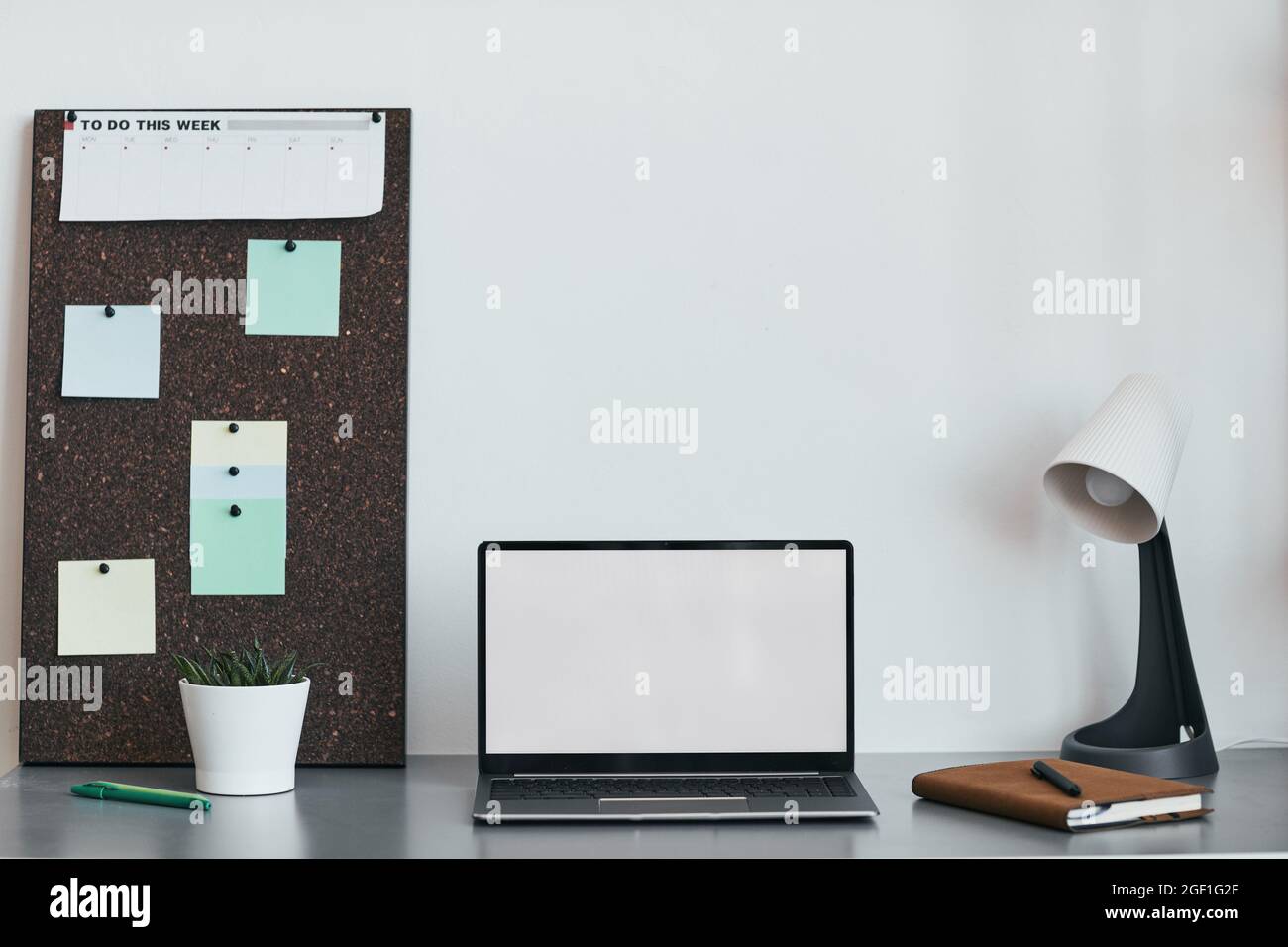Clean background image of minimal home office workplace with laptop and ...