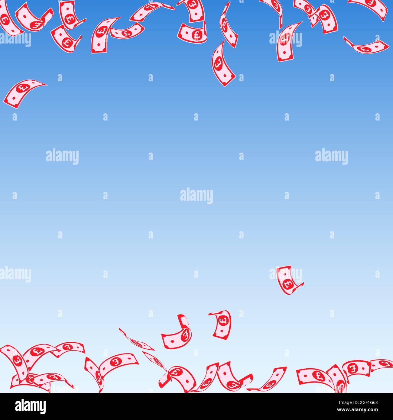 British pound notes falling. Sparse GBP bills on blue sky background ...