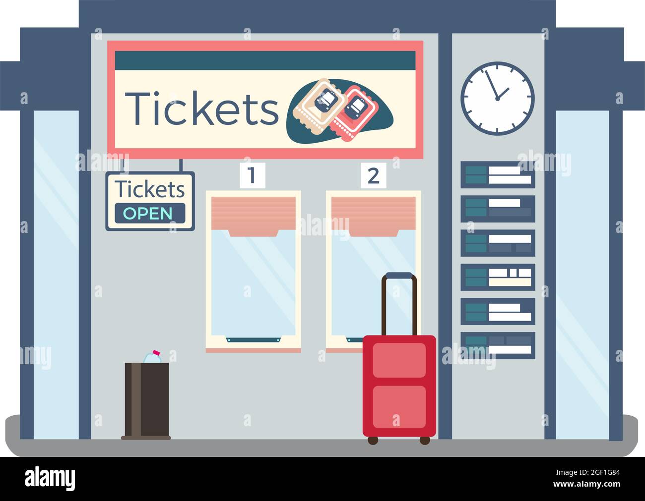 Ticket office building with two windows clock schedule suitcase flat vector illustration Stock ...