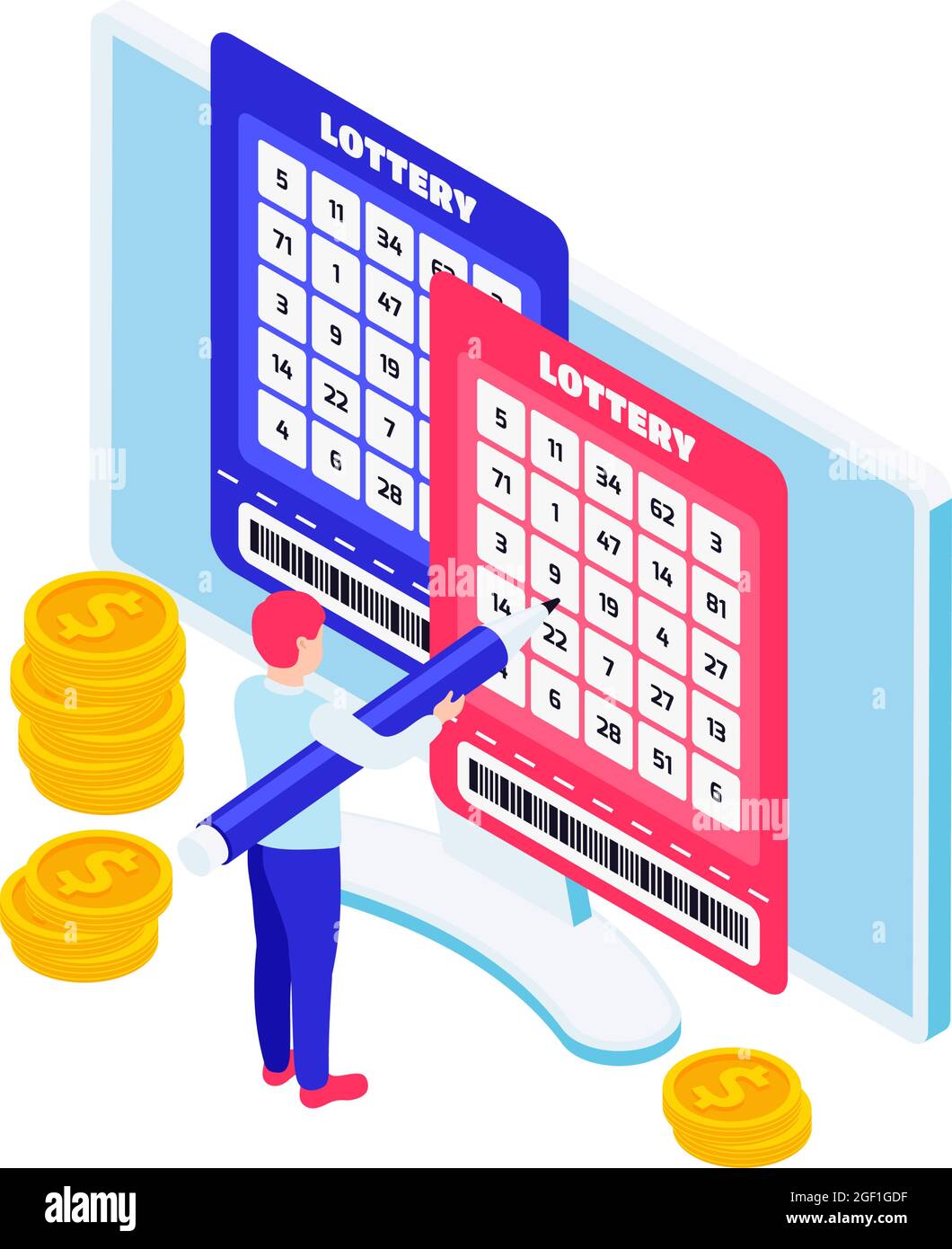 Online lottery isometric icon with man filling out tickets on computer ...