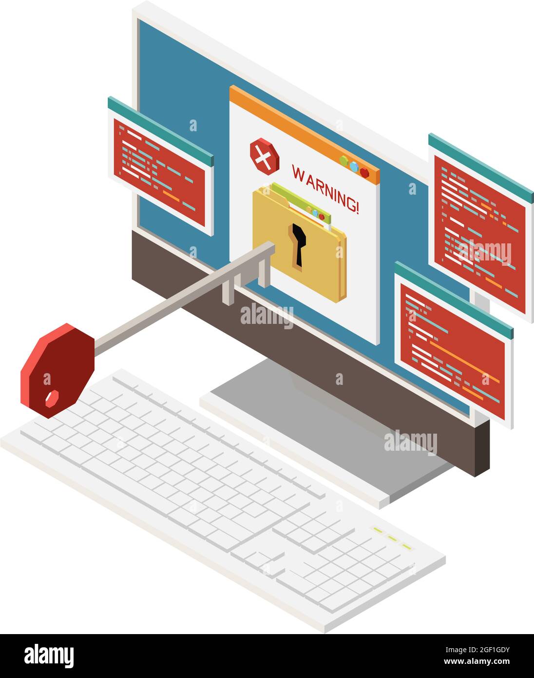 Isometric hacking password stealing icon with 3d computer key and warning notification vector ...