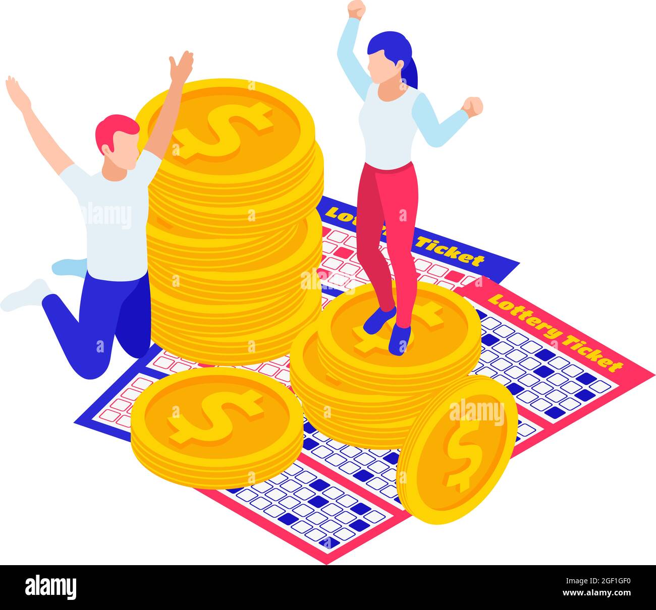 Lottery win isometric icon with tickets coins and excited people 3d ...