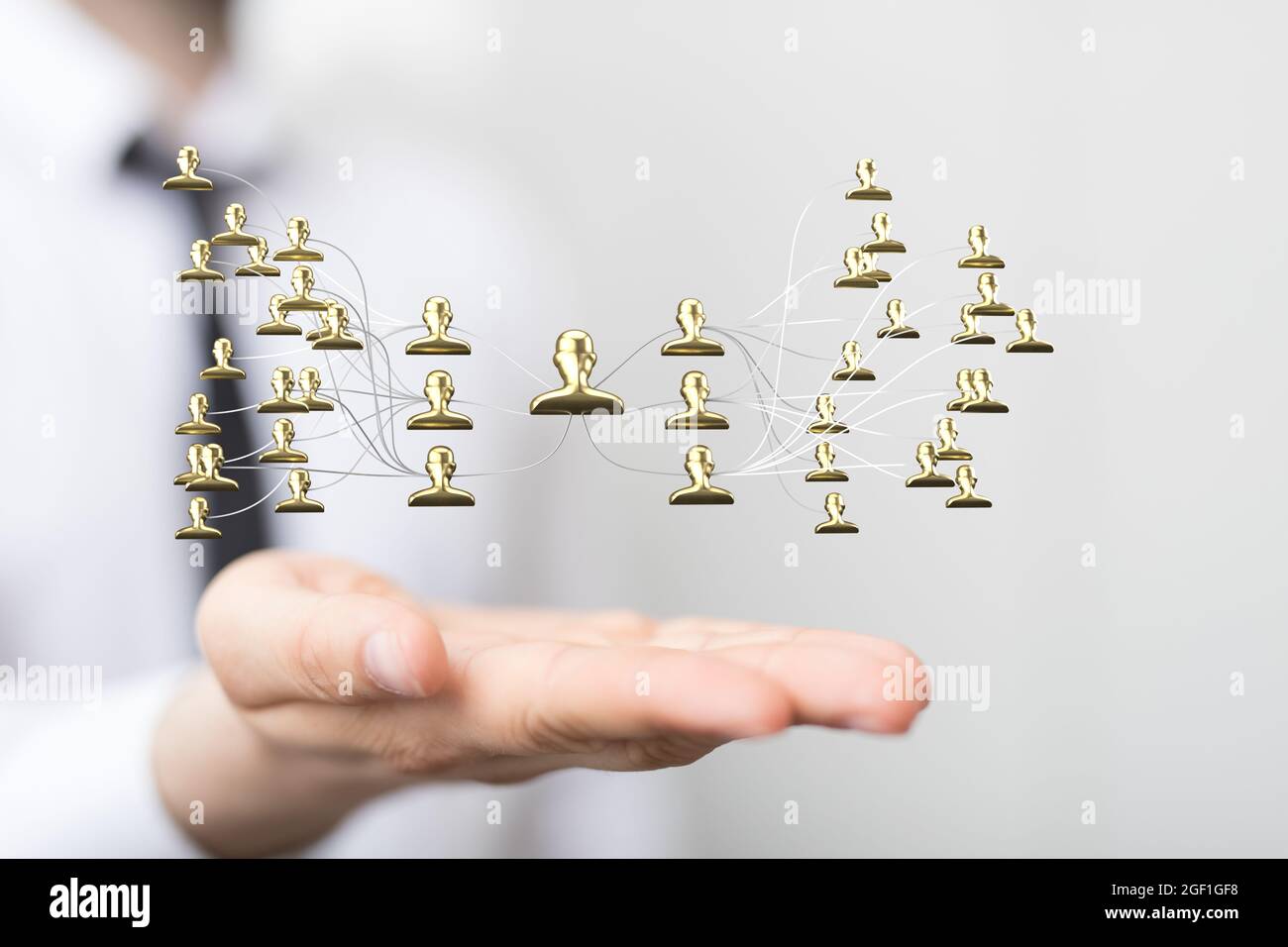 The 3D rendered network of people over the hand of a male-hierarchy ...