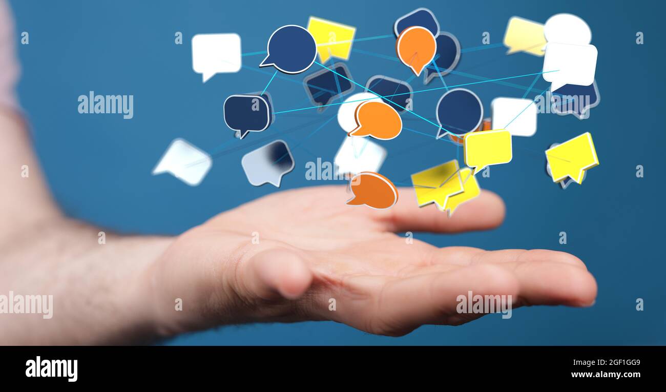 The 3d rendered communication bubbles in hand - social media concept ...