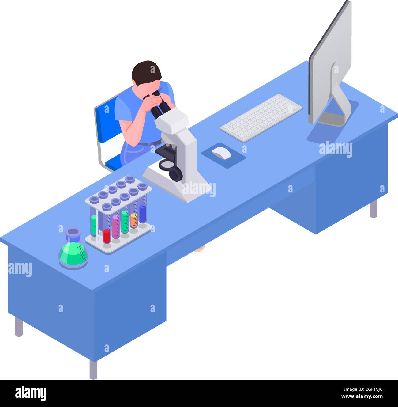 Man looking through microscope in science laboratory isometric vector ...
