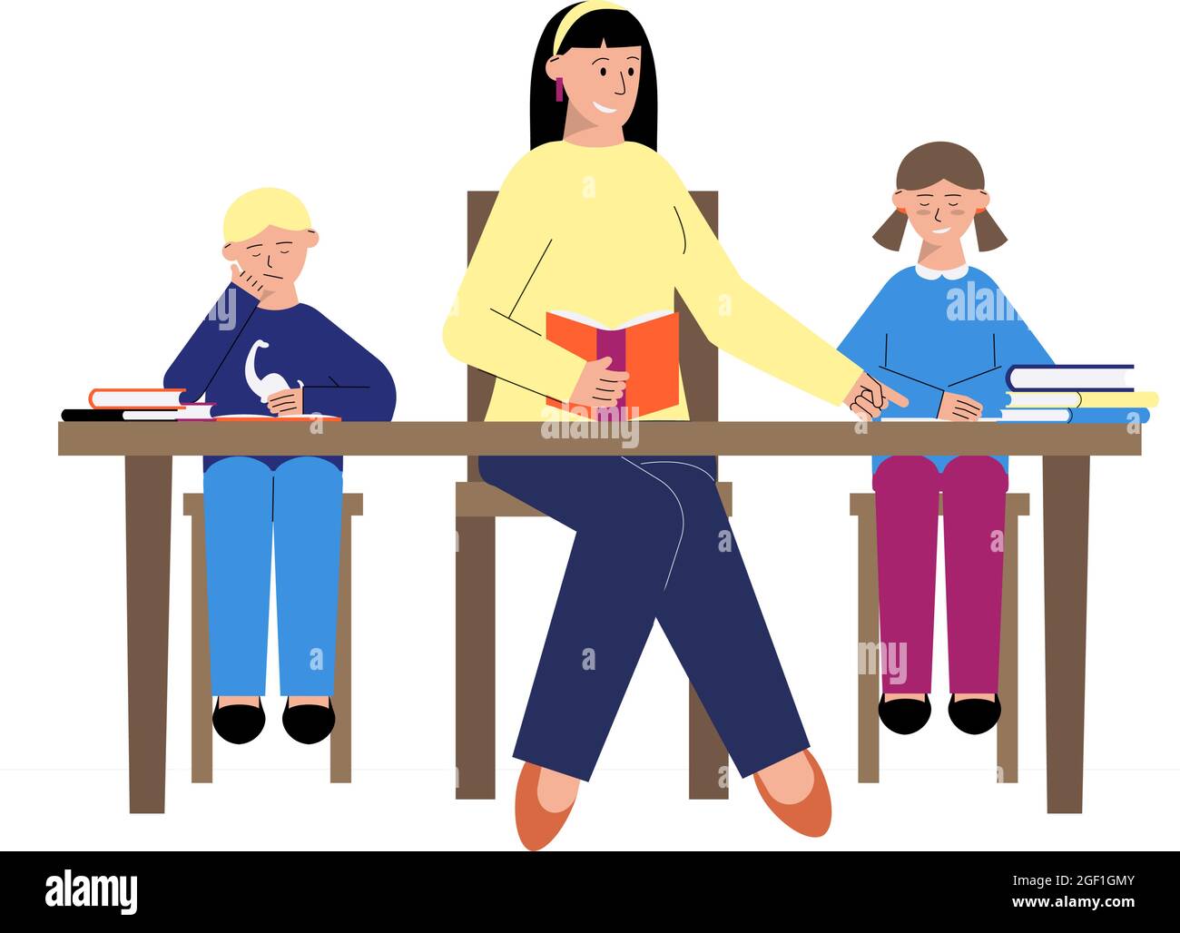 Tutoring flat composition with children reading with female teacher ...