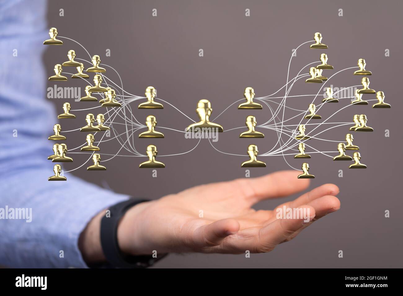 The 3D rendered network of people over the hand of a male - hierarchy ...