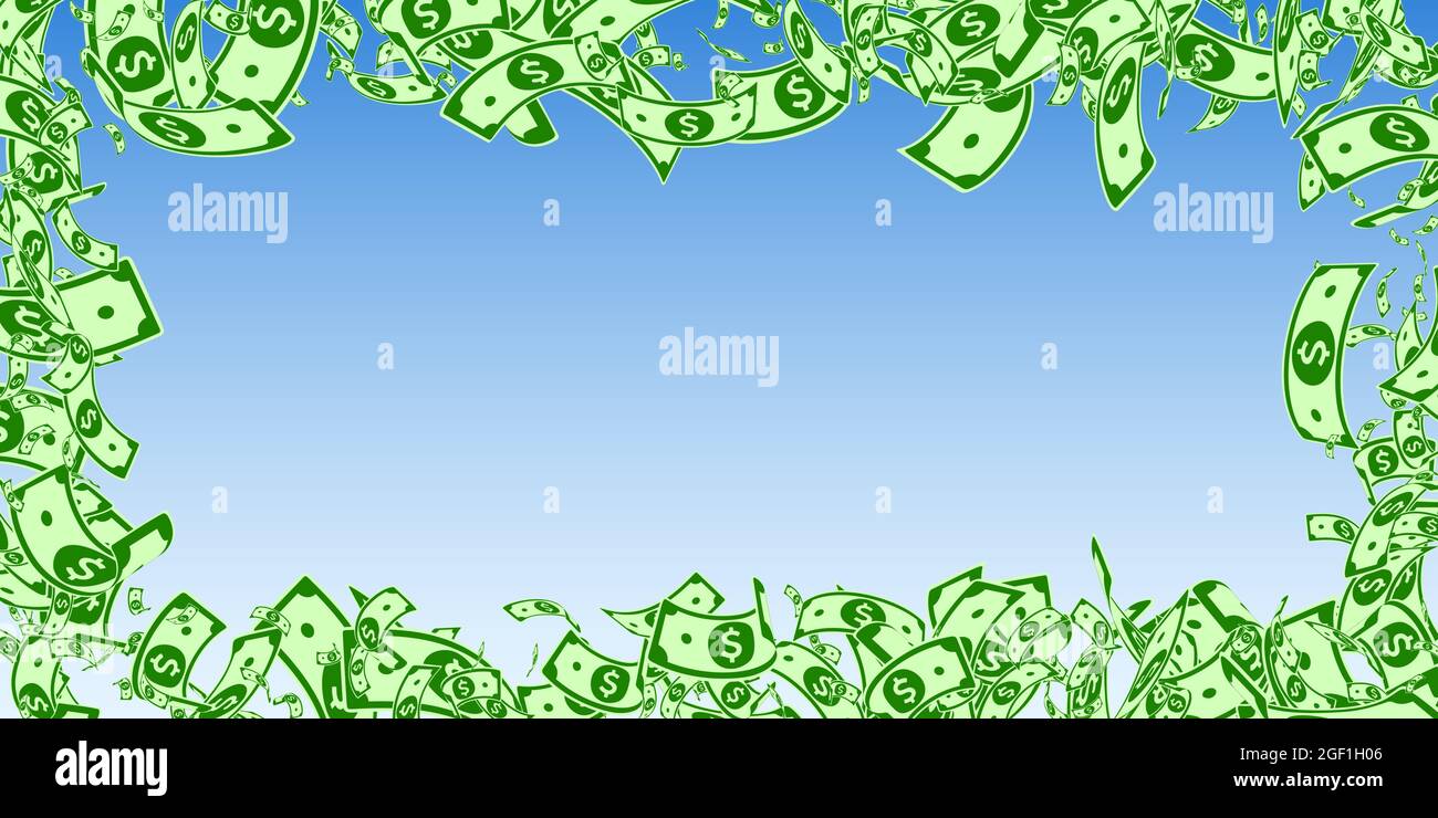 American dollar notes falling. Messy USD bills on blue sky background ...