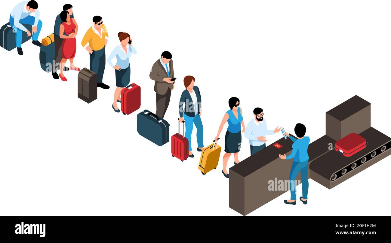 Isometric queue composition with line of passengers in front of check ... Isometric queue composition with line of passengers in front of check ...