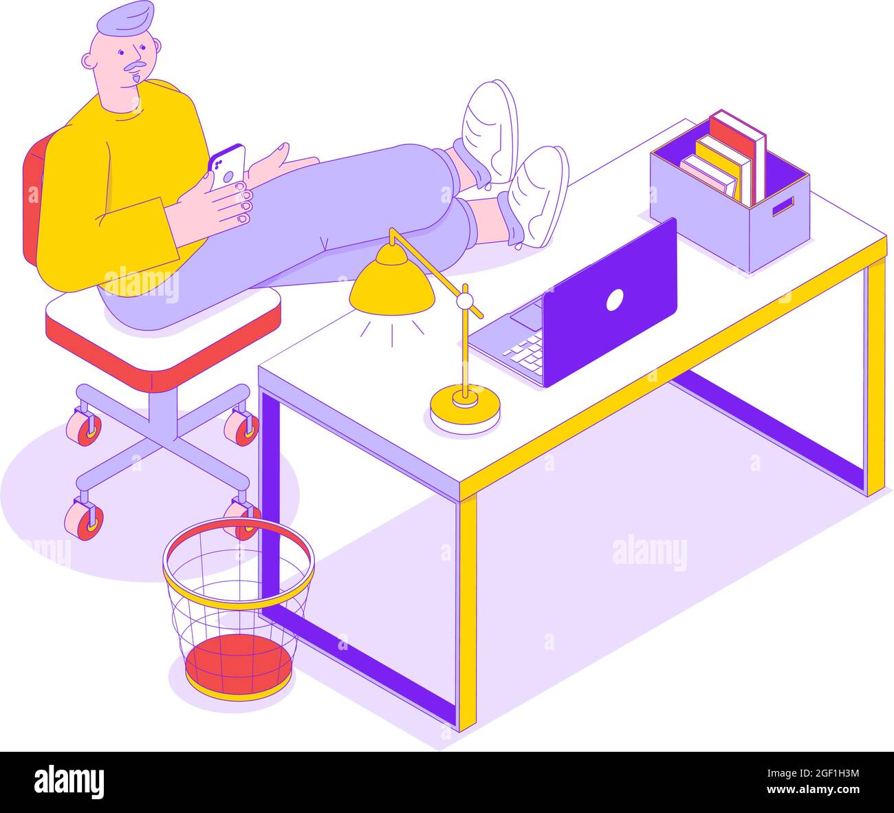 Office worker relaxing with smartphone at his work place isometric icon ...