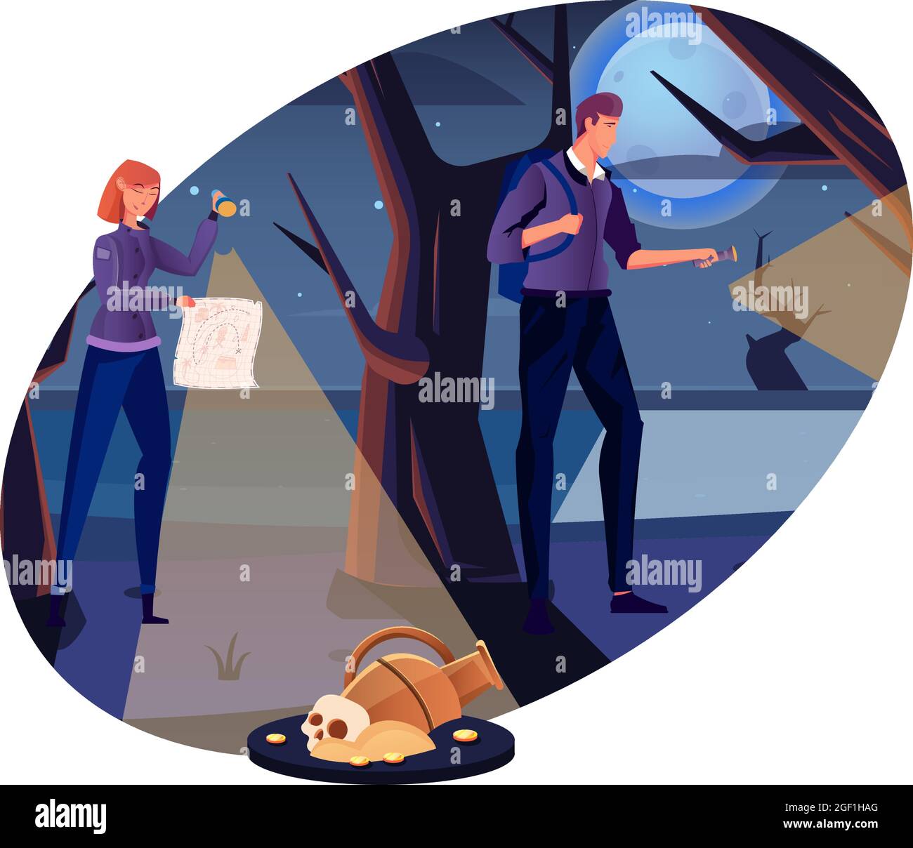 People with torches and map going on treasure hunt in forest flat ...