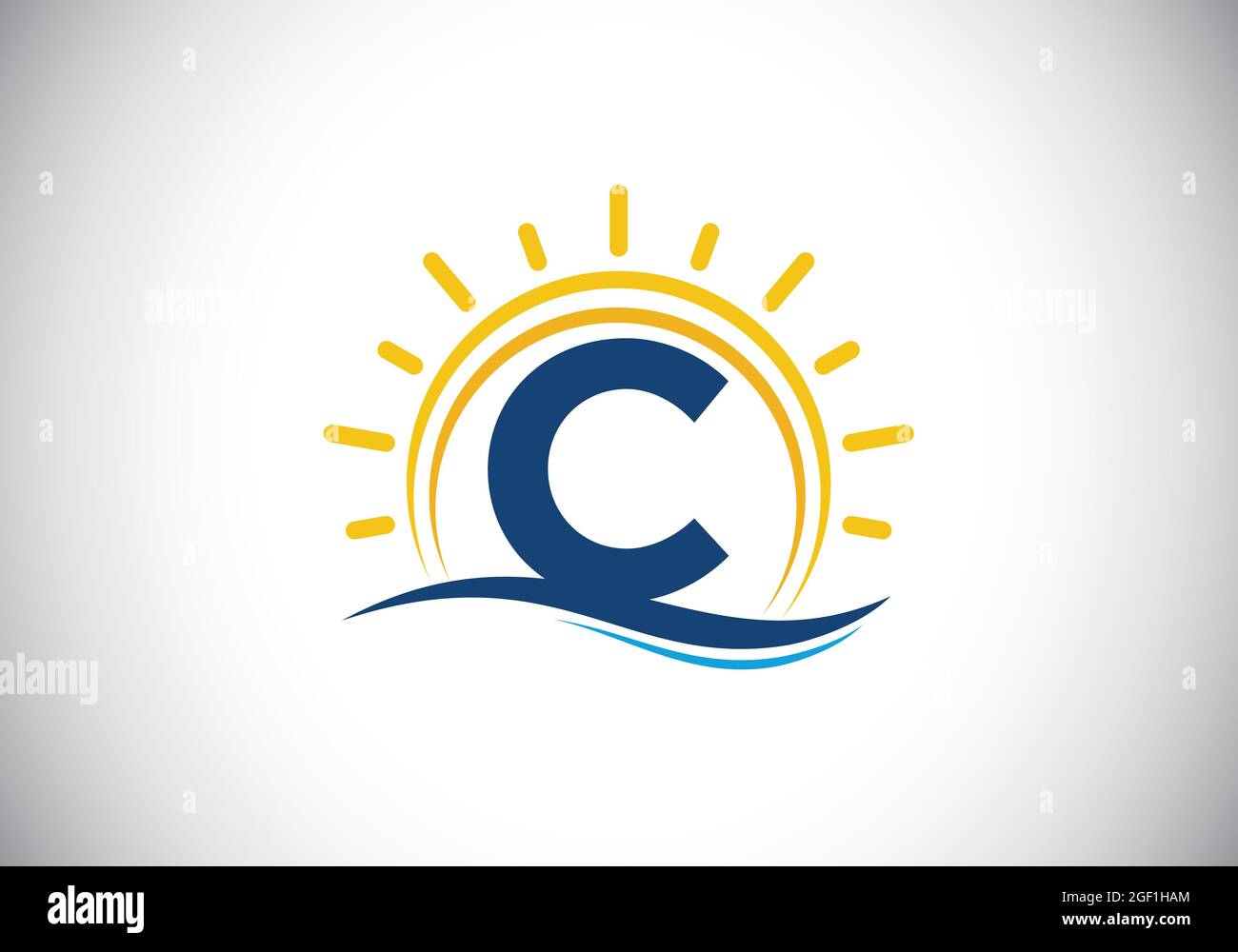 Initial C monogram alphabet with abstract sun and wave. Ocean sun logo ...