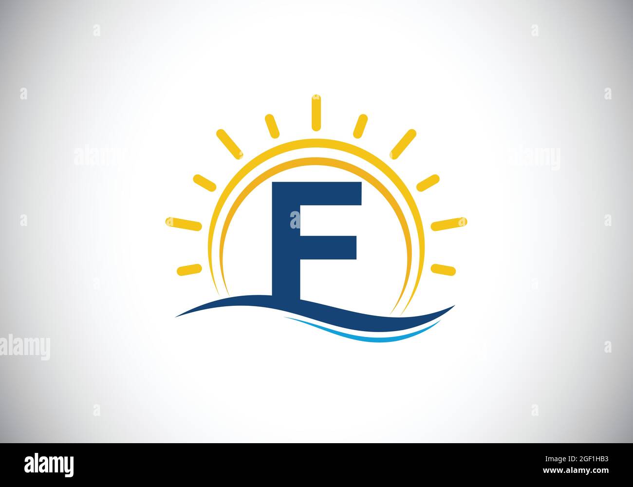Initial F monogram alphabet with abstract sun and wave. Ocean sun logo ...