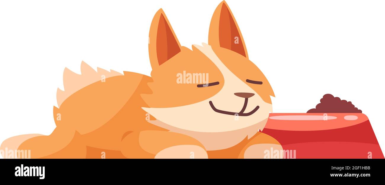 Happy full puppy sleeping near his bowl cartoon vector illustration ...