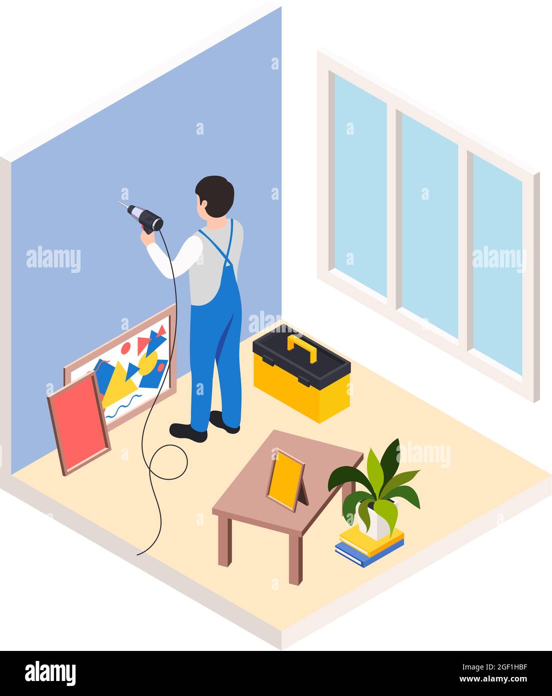 Renovation repair works isometric composition with man drilling holes ...