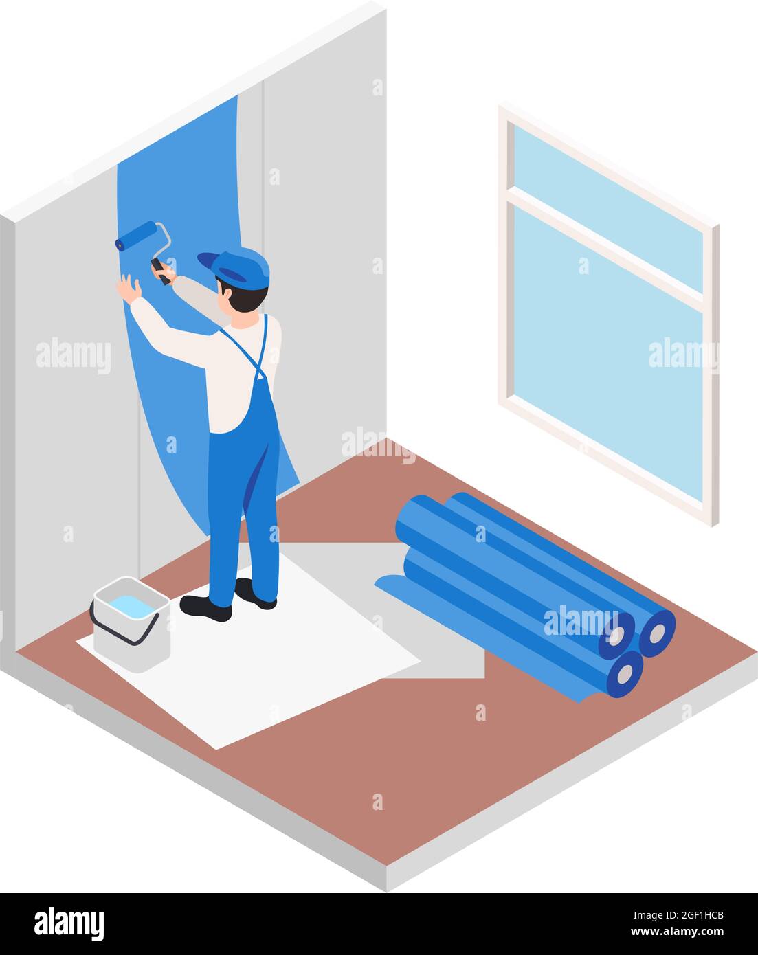 Renovation repair works isometric composition with character of worker ...