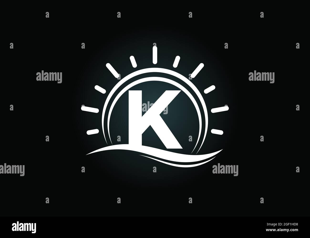 Initial K monogram alphabet with abstract sun and wave. Ocean sun logo ...