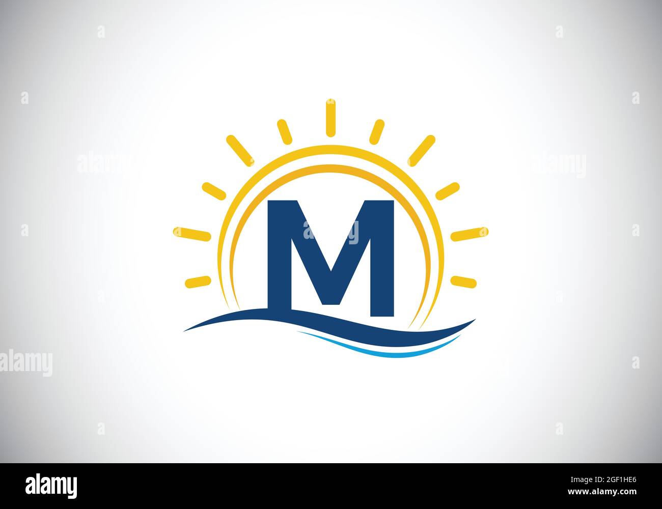 Initial M monogram alphabet with abstract sun and wave. Ocean sun logo ...