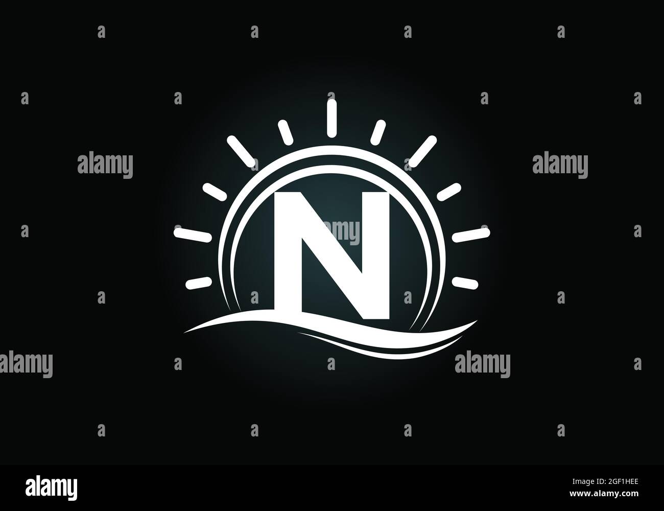 Initial N monogram alphabet with abstract sun and wave. Ocean sun logo ...