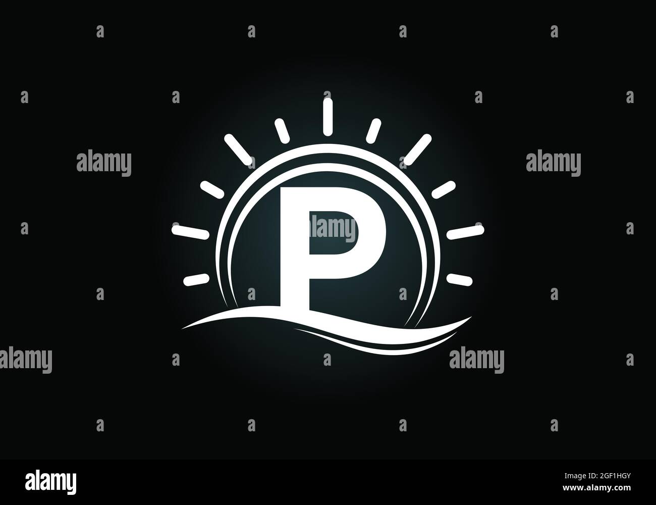 Initial P monogram alphabet with abstract sun and wave. Ocean sun logo ...