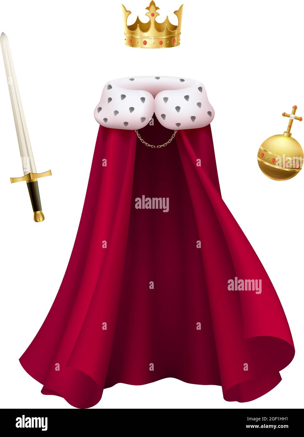 Realistic composition with red king cloak crown sword and orb isolated ...