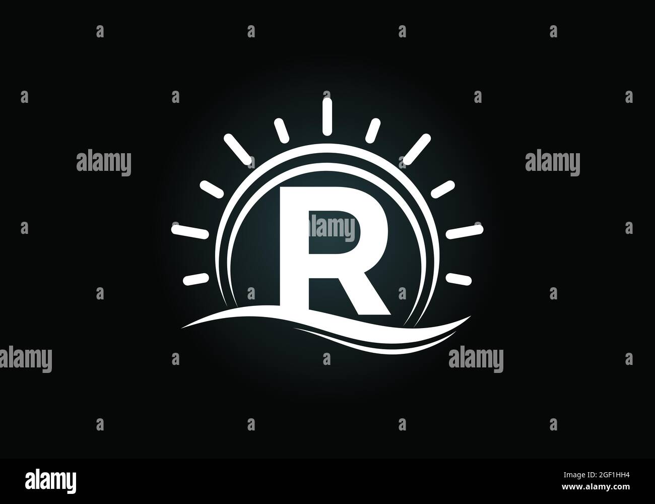 Initial R monogram alphabet with abstract sun and wave. Ocean sun logo ...