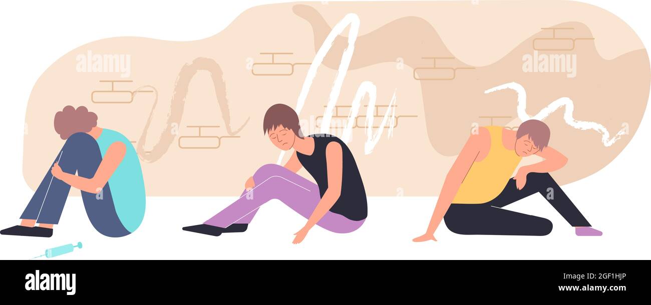 Addiction flat composition with three characters of discouraged drug ...
