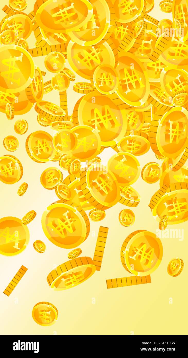 Korean won coins falling. Pretty scattered WON coins. Korea money ...