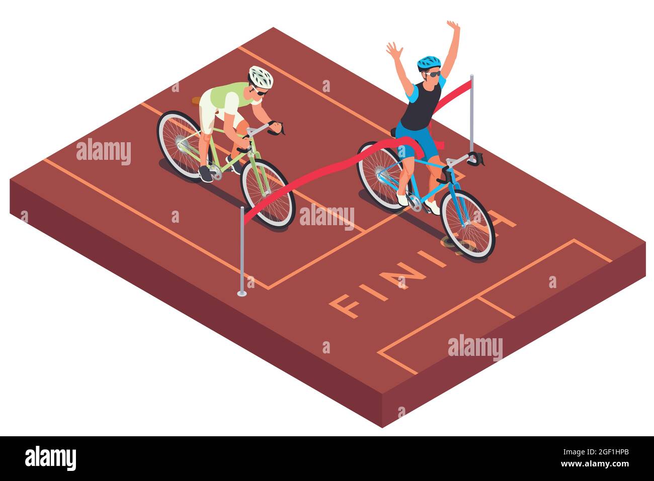 Sport cycling isometric composition with view of race track with red ribbon finish line and ...