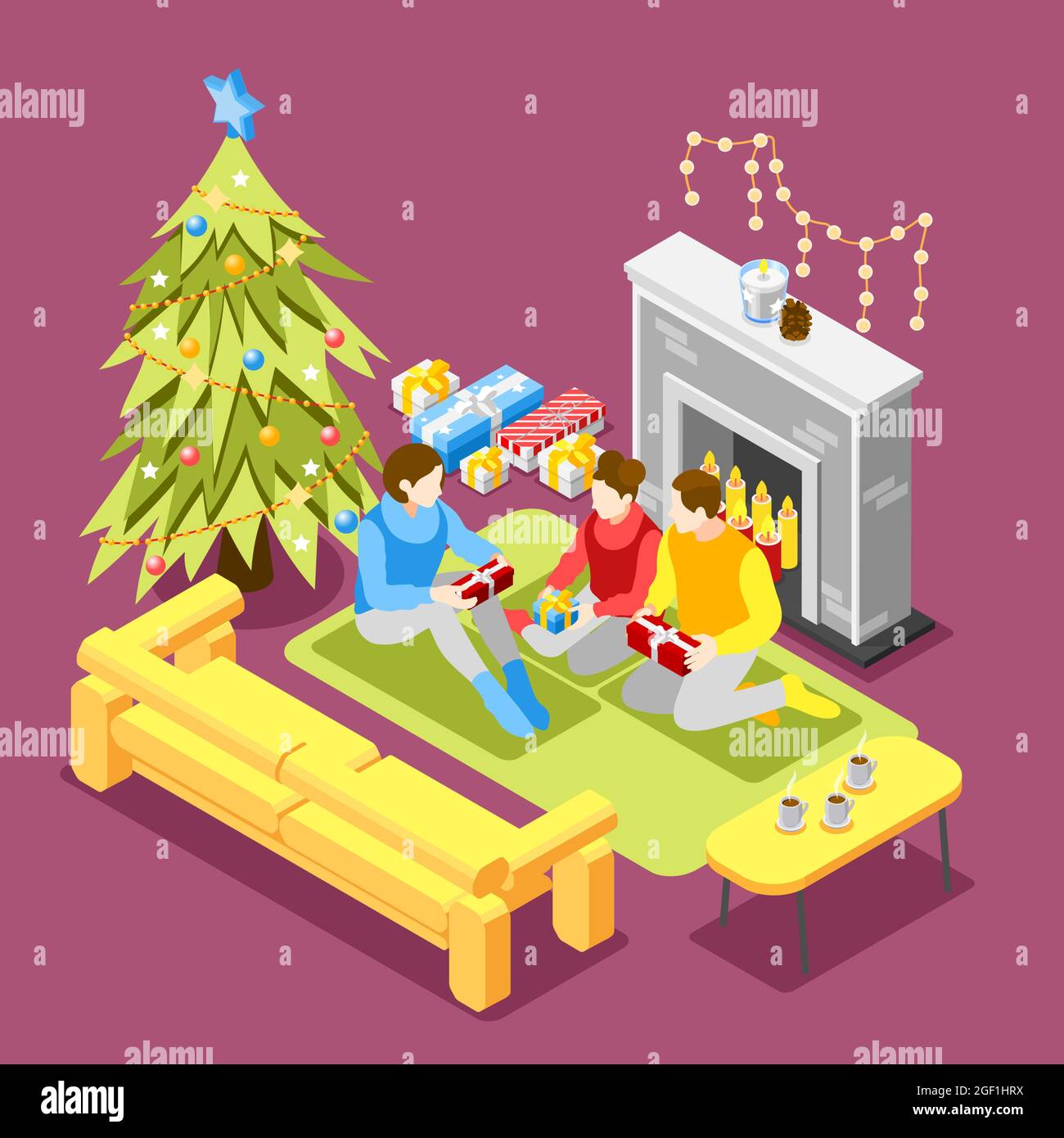 Christmas mood isometric background composition with family morning ...