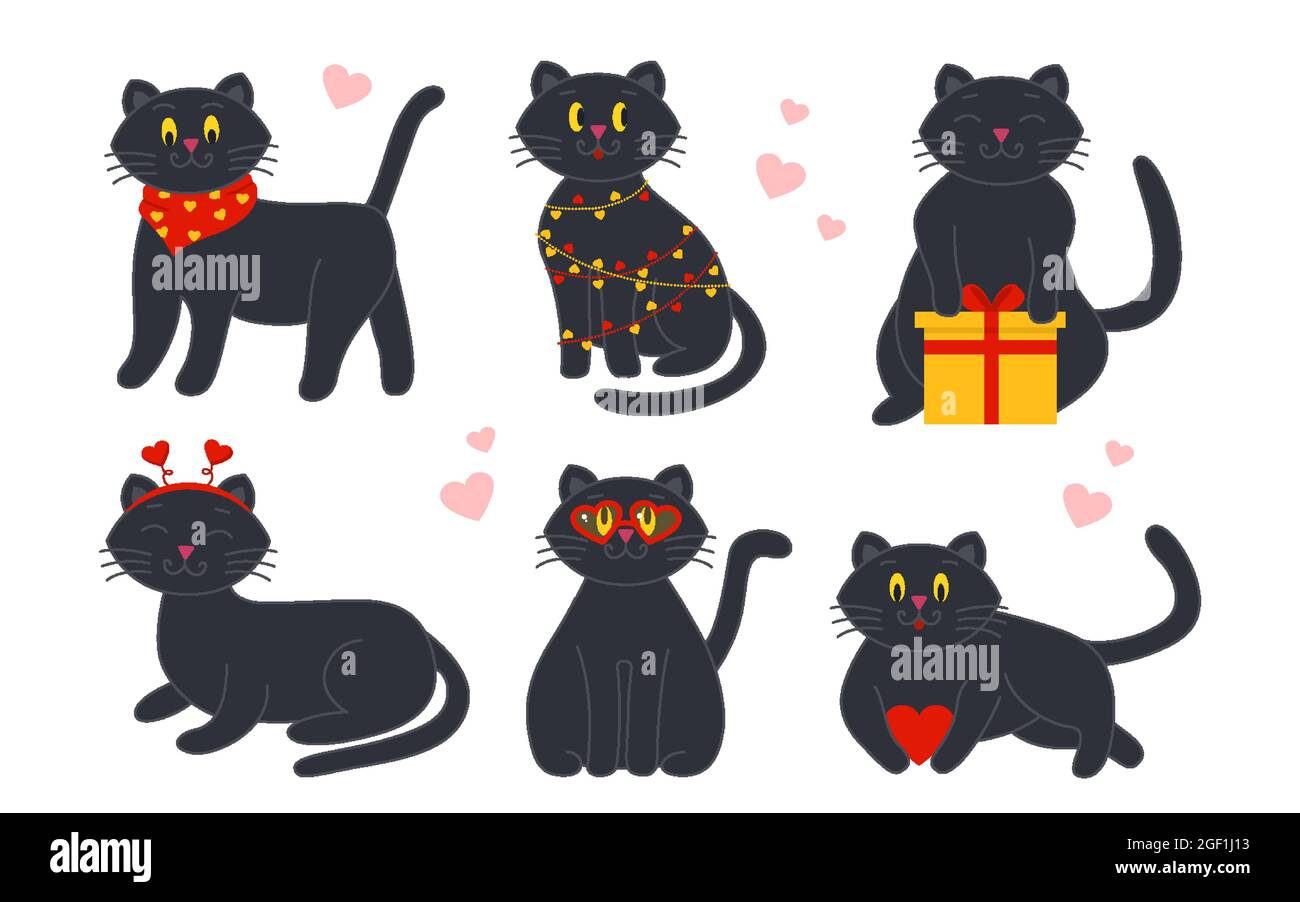 Cats cute domestic with different objects, with garland, with heart ...