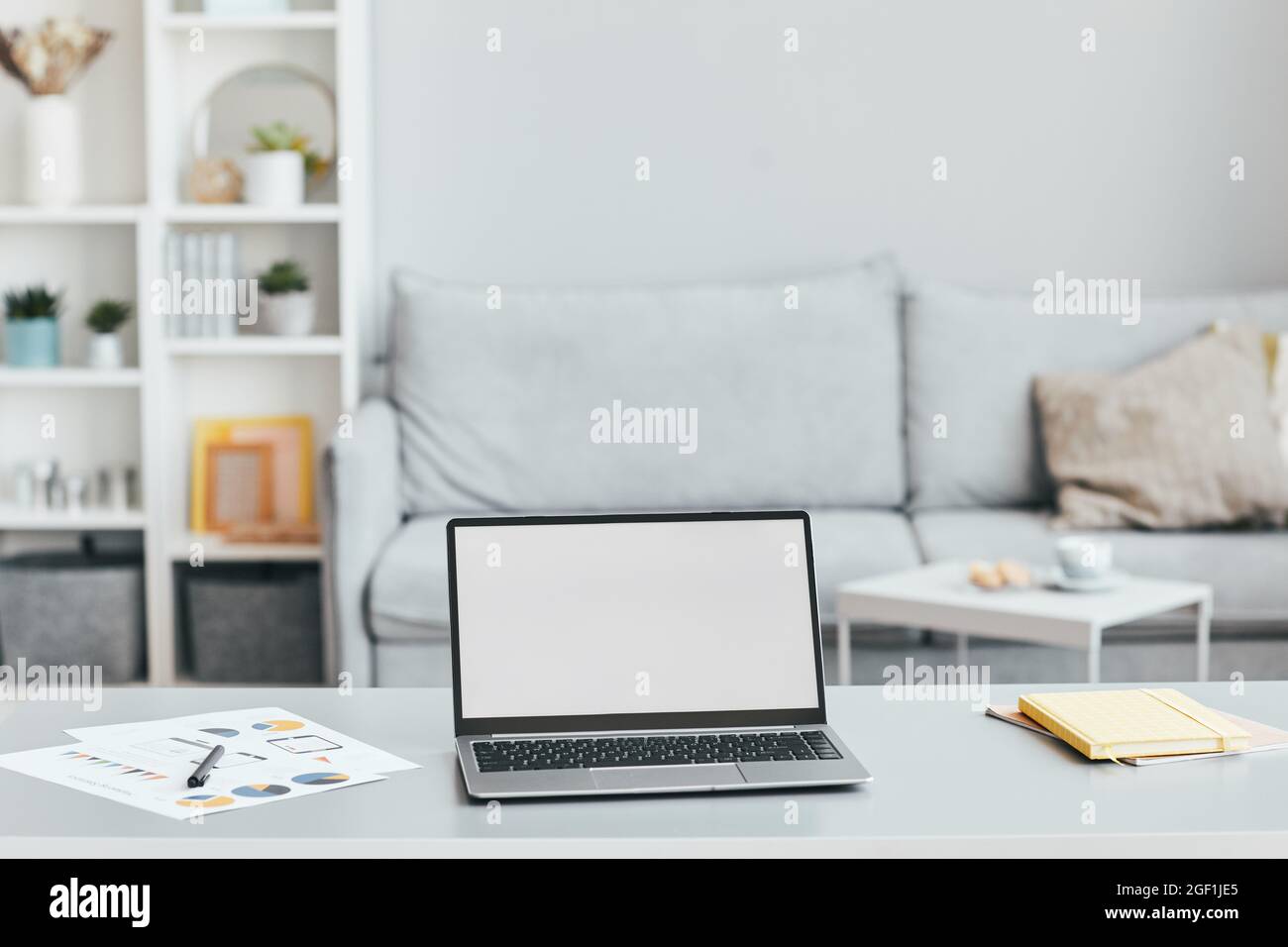 Minimal background image of home office workplace with laptop on desk ...
