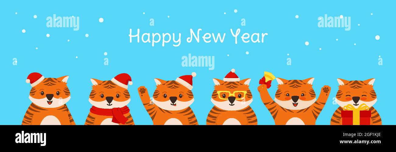 Christmas card with Tiger mascot new year. Animal tigers in Santa hat ...