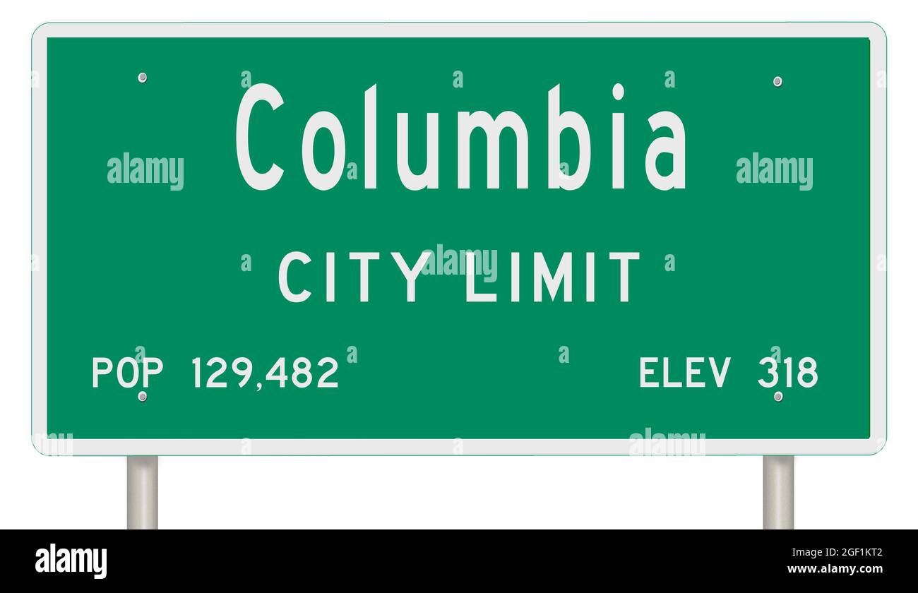 Rendering of a green South Carolina highway sign with city information ...