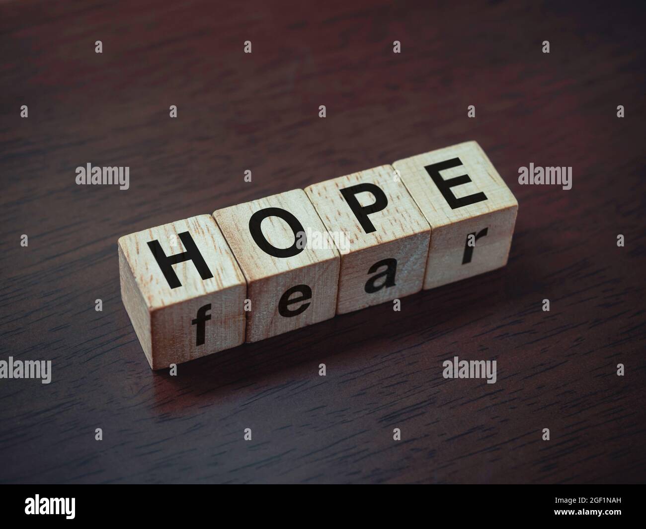 Hope and fear, words on wooden cube blocks on brown wood desk ...
