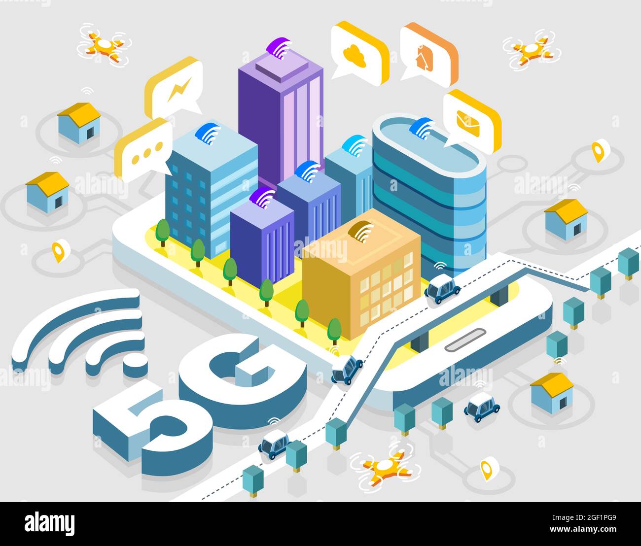 5G Smart city future abstract or metropolis.Intelligent building ...