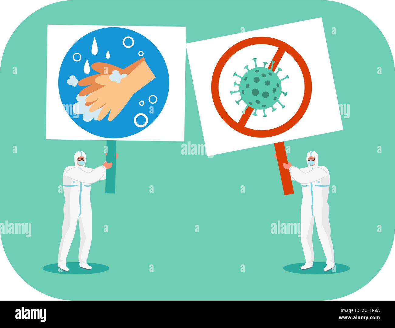 Guards holding sign boards with Isolate the virus and wash hands ...