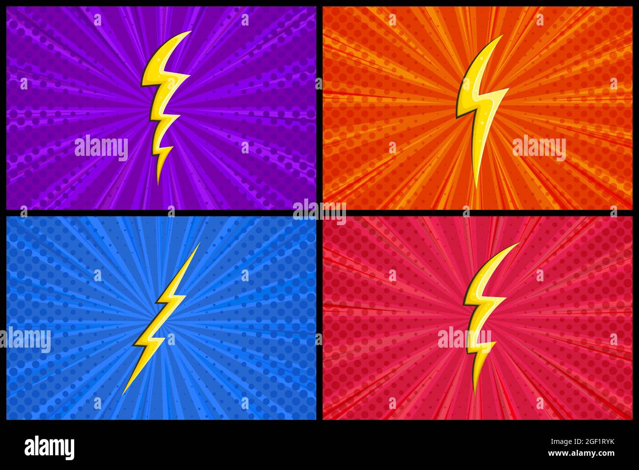 Superhero halftoned background with lightning. Set of colored comic ...