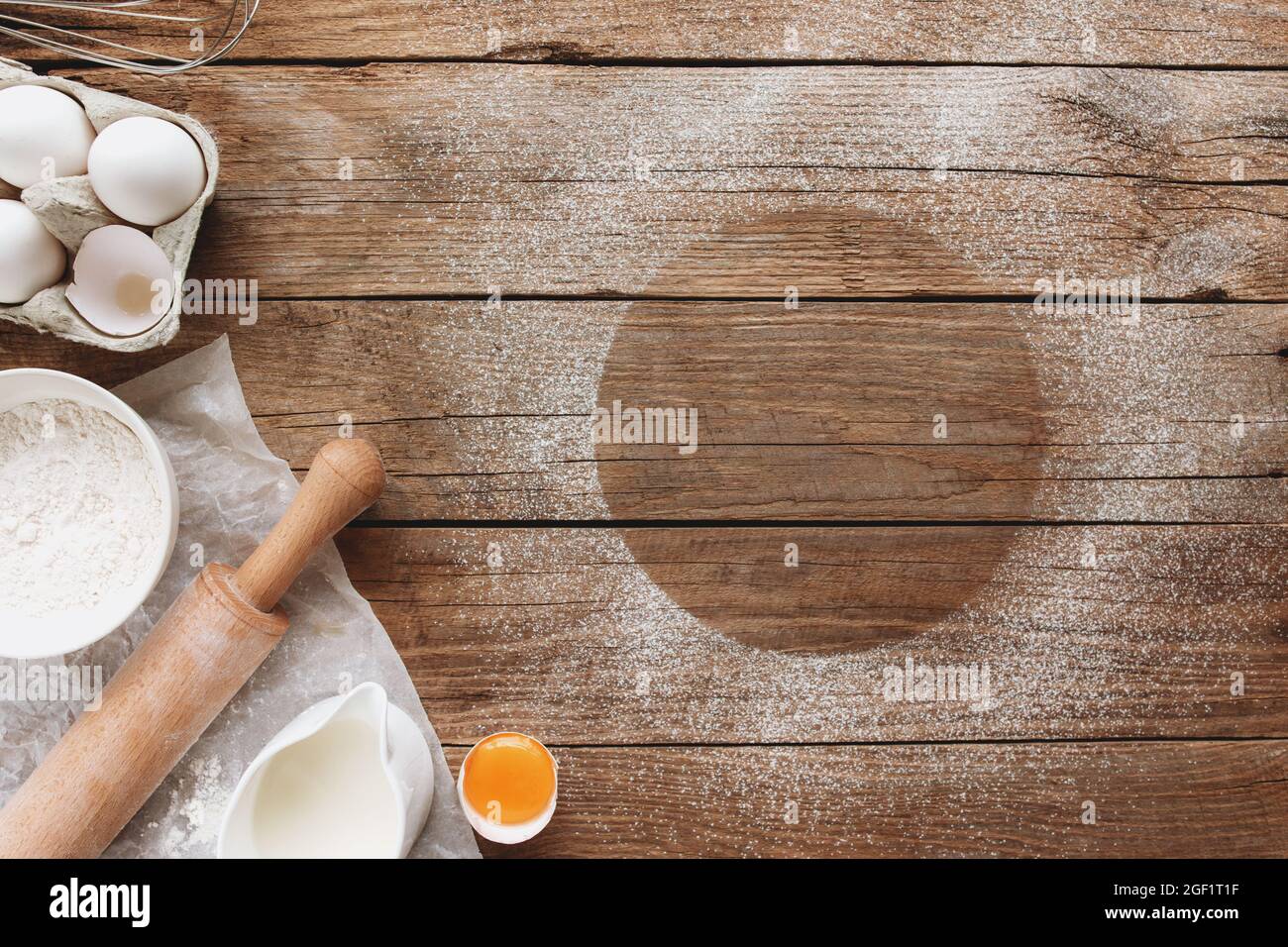 Baking concept flat lay. Ingredients, kitchen utensils, wooden ...
