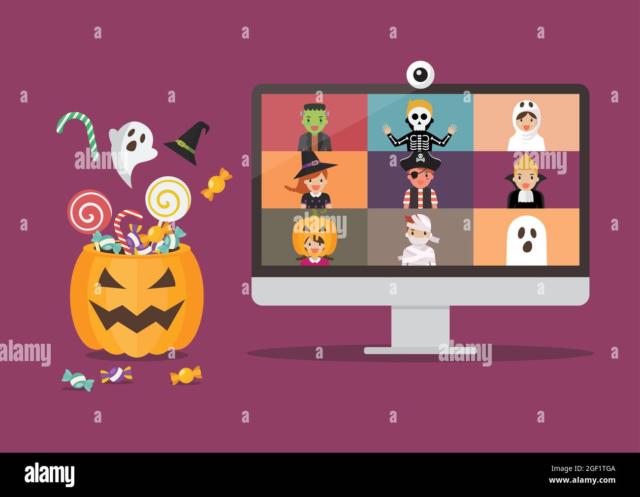 Halloween party video conference on computer display. Kids in horror ...