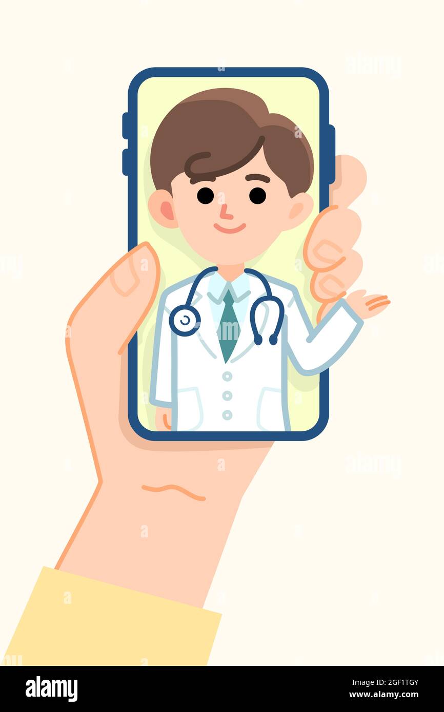 Illustration of a hand holding smartphone with doctor on-screen during ...
