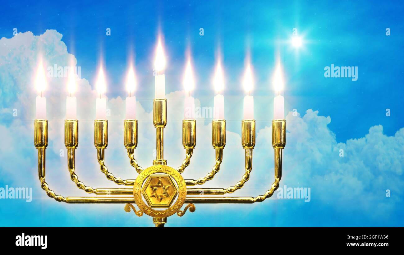 beautiful golden hanukkah menora light , cg object 3D illustration ...