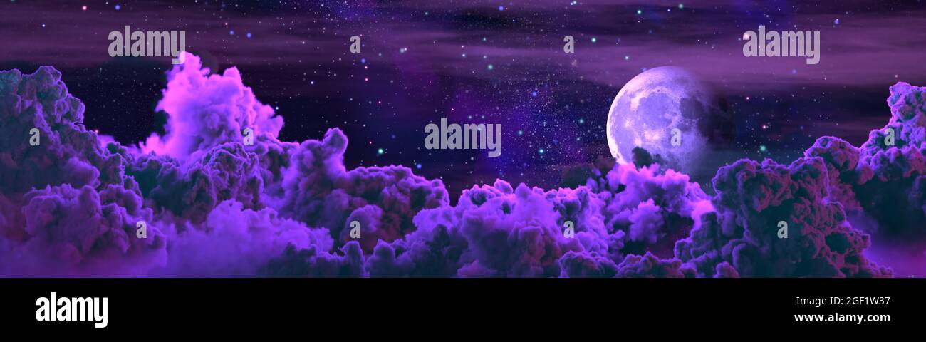 background - panorama of large cumulus clouds and moon . cgi nature 3D ...