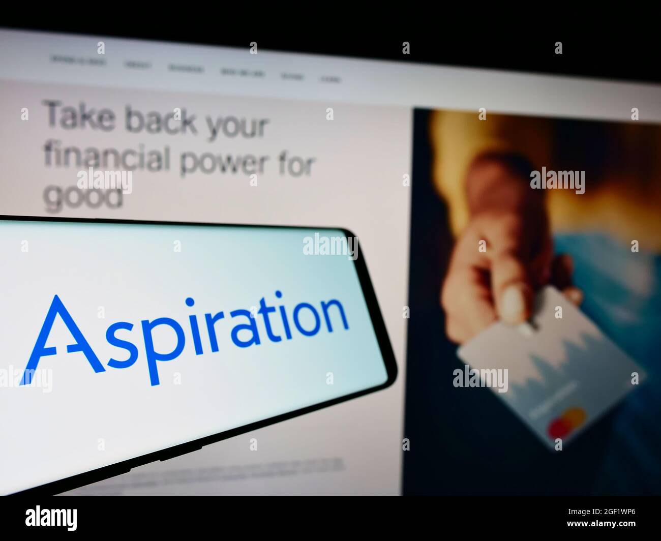 Mobile phone with logo of US fintech company Aspiration Partners Inc ...