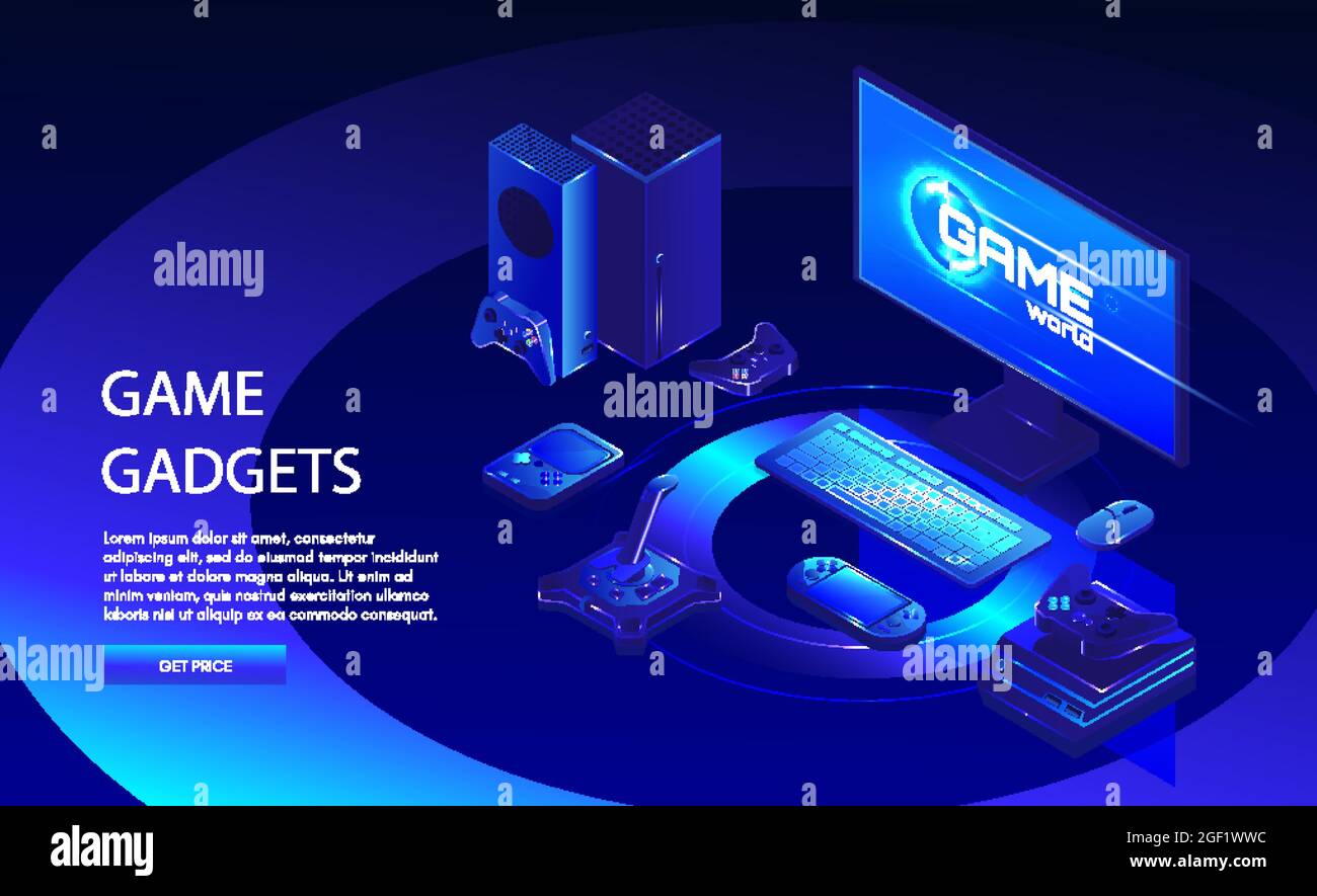 Game gadgets web banner template. Gamers equipment. Game console ...