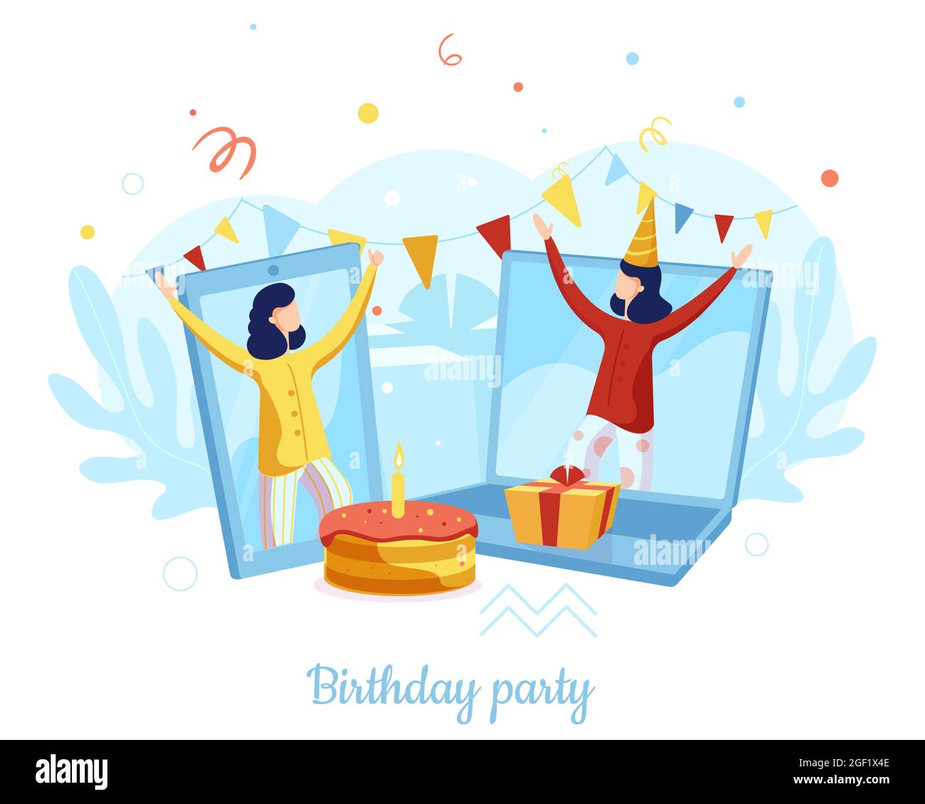 Girls celebrating birthday remotely from home, vector illustration ...