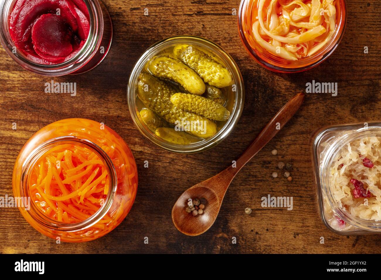 Fermented food, overhead flat lay shot of a variety of pickled ...